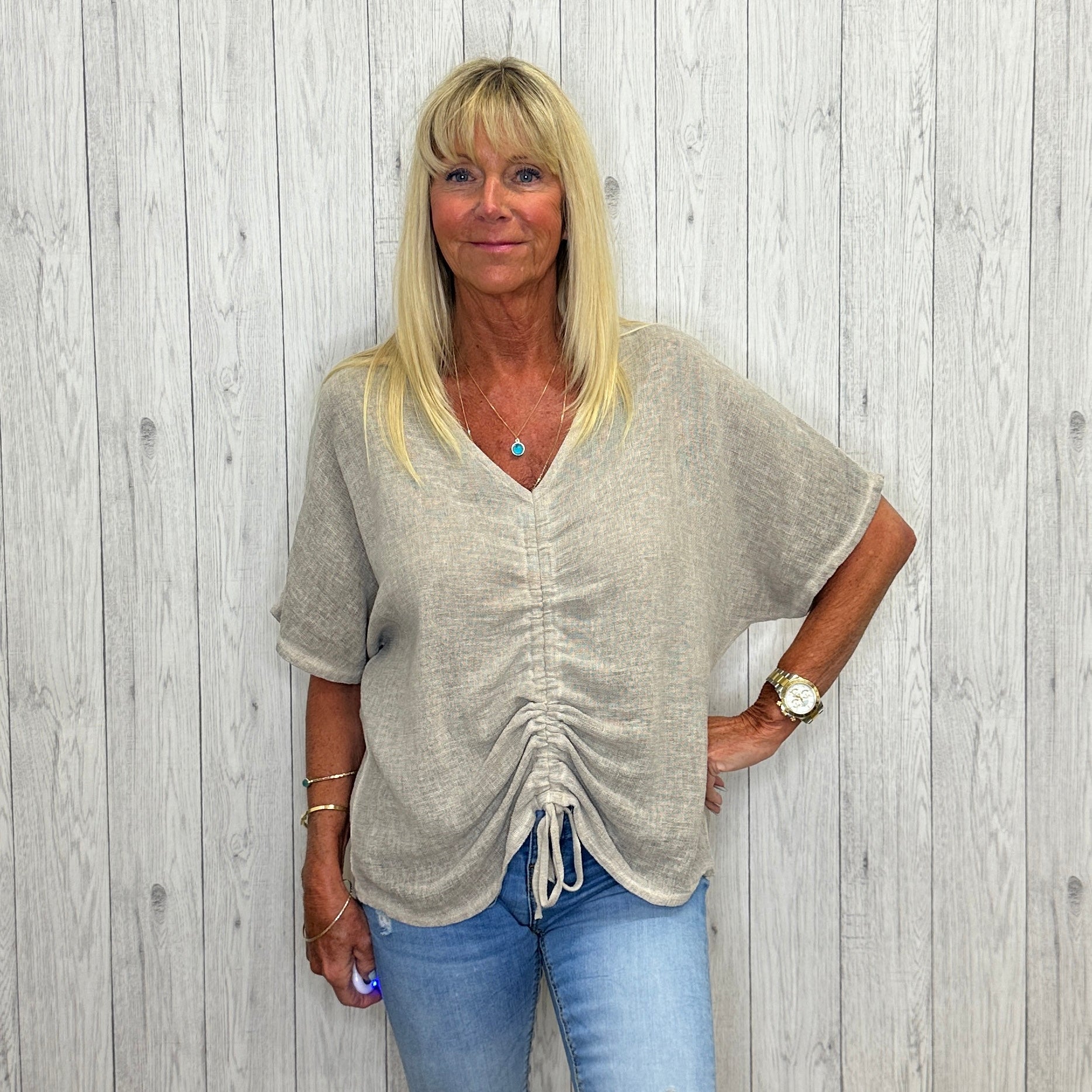 Tiffanie Linen Cotton Mix Ruched Front Top Mocha Brown – Sugarplum Boutique & Home