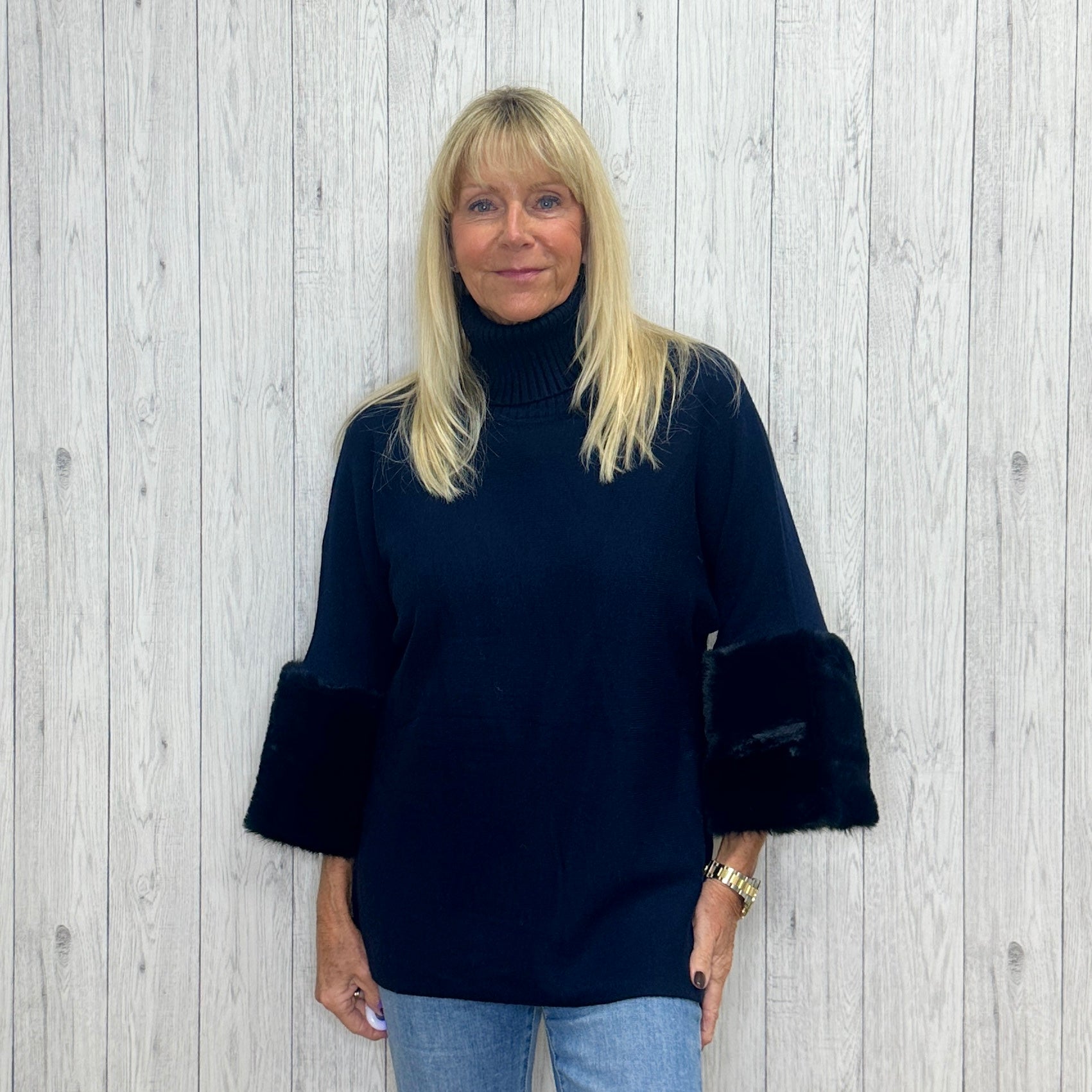 Clifton Roll Neck Faux Fur Trim Jumper Navy Blue – Sugarplum Boutique ...