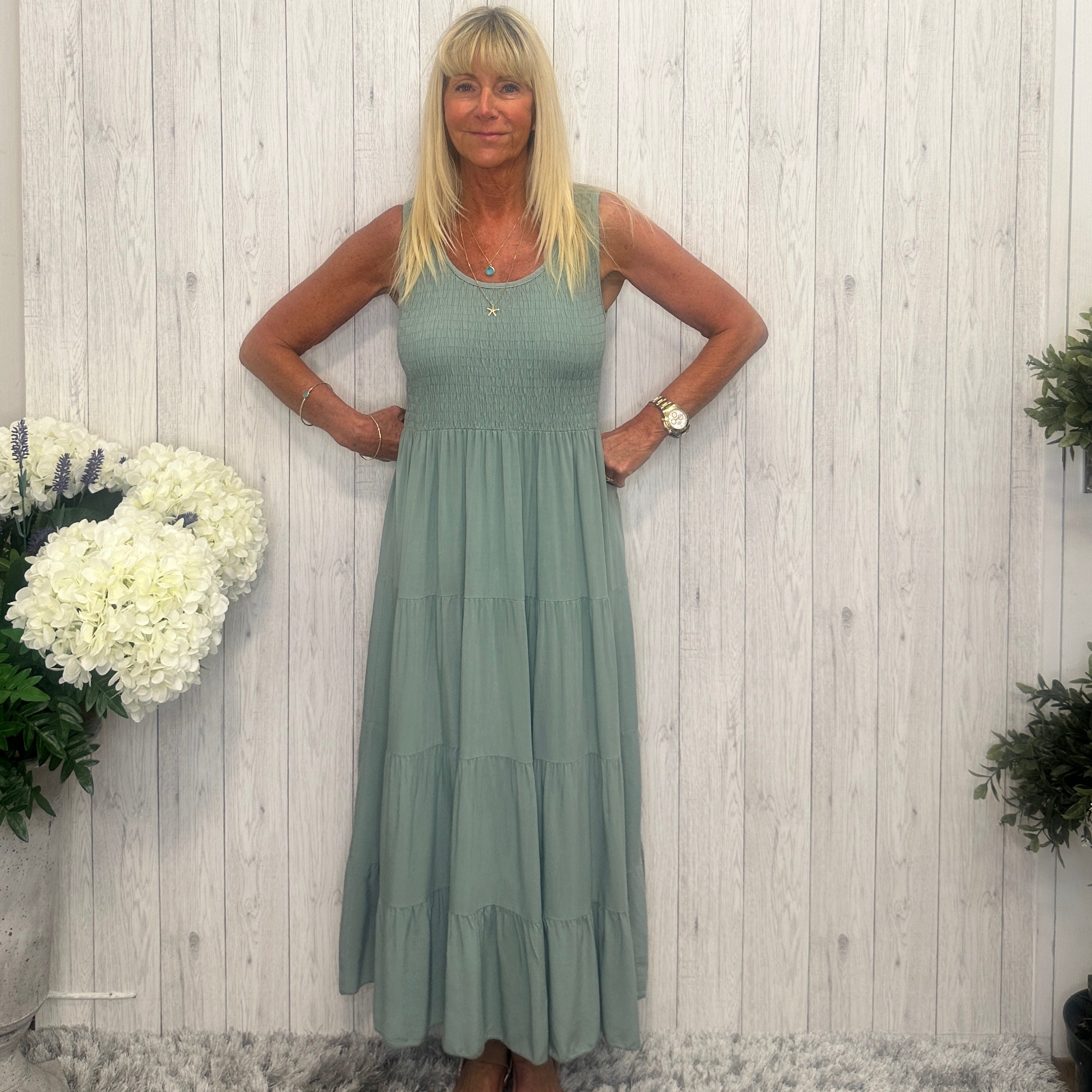 Made In Italy Evlon Tiered Sleeveless Maxi Dress Khaki Green ...