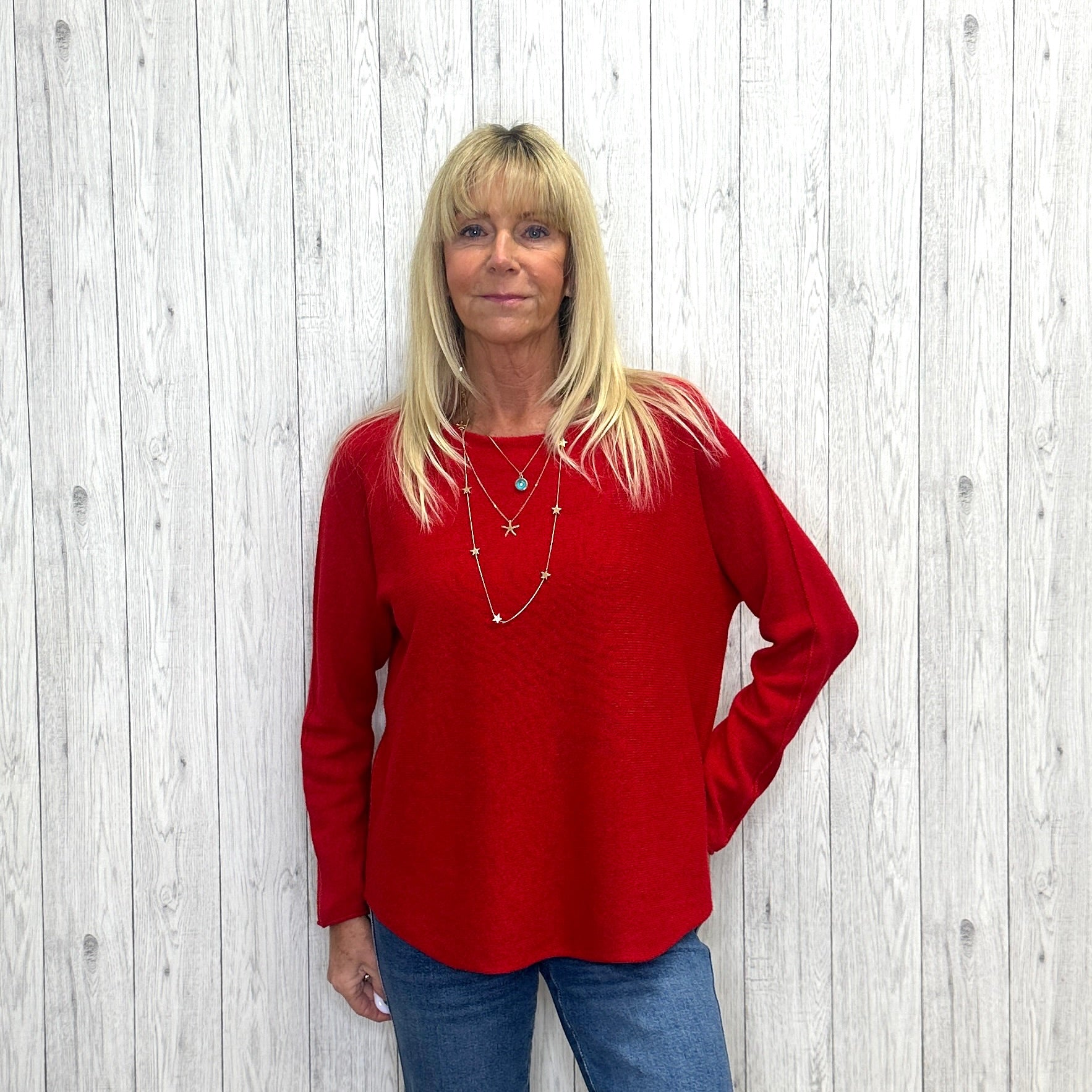 Made In Italy Red Rhonda Boat Neck Seamed Arm Jumper – Sugarplum ...