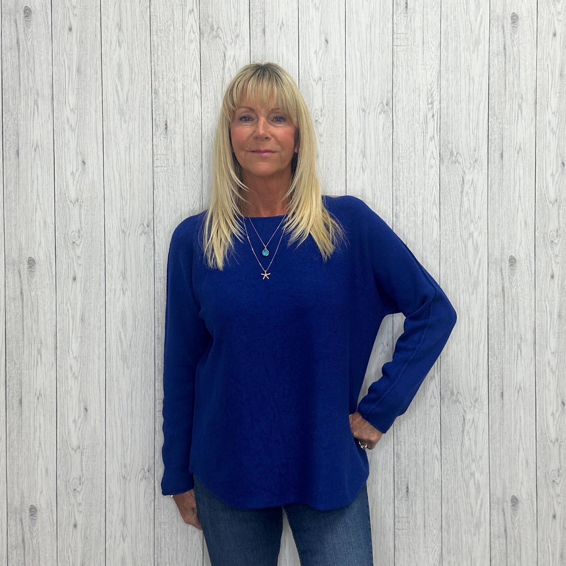 Made In Italy Rhonda Boat Neck Jumper Seamed Arm Royal Blue – Sugarplum ...