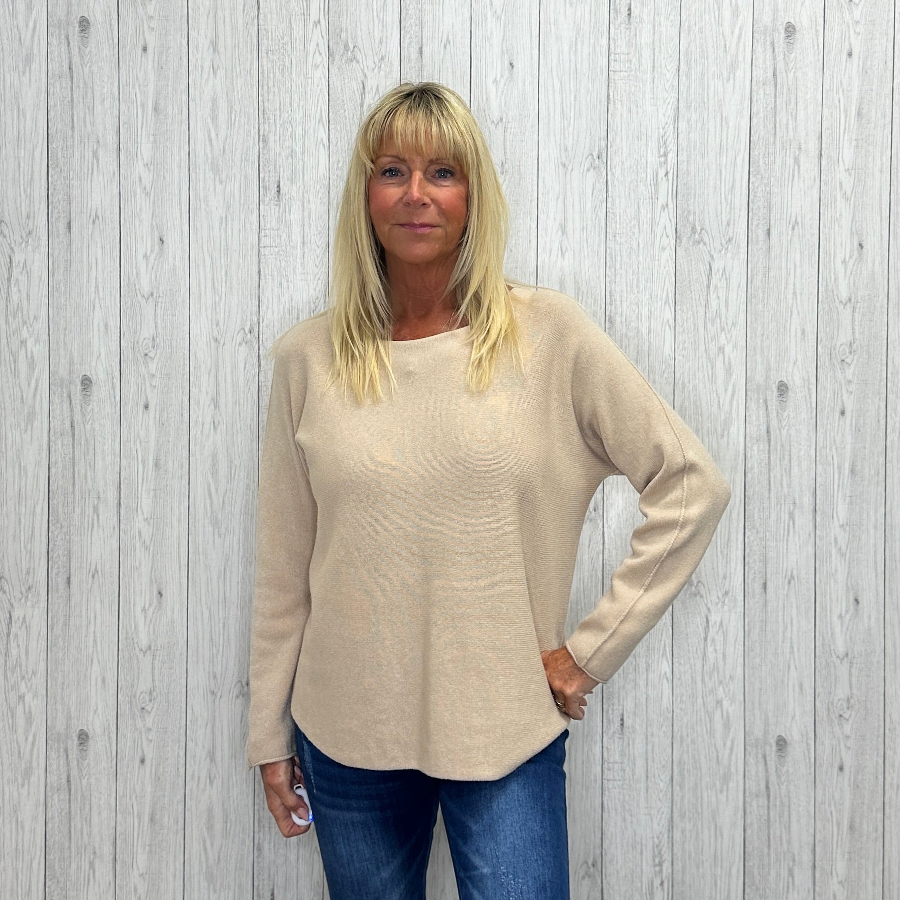 Made In Italy Rhonda Boat Neck Jumper Seamed Arm Stone – Sugarplum ...