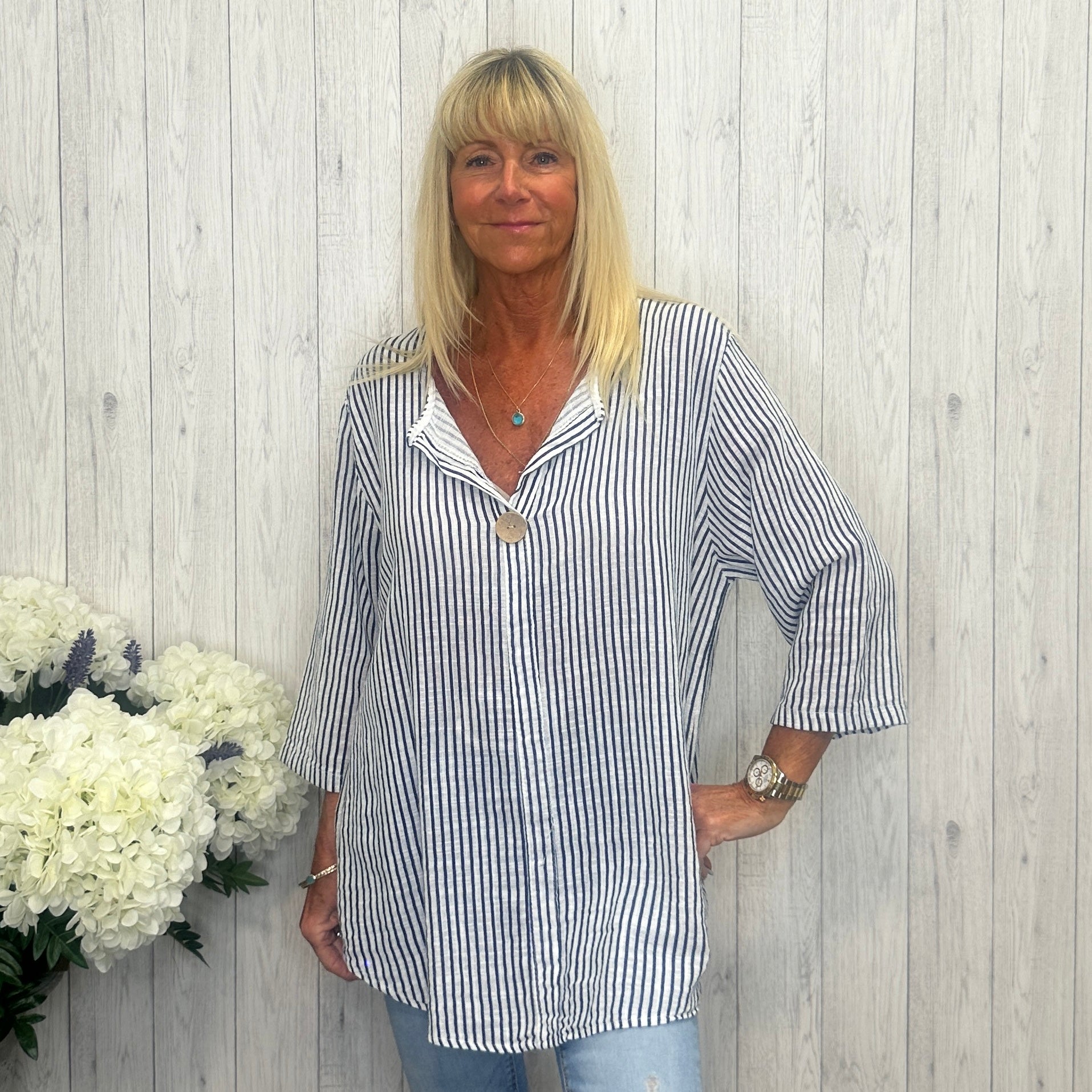 Made In Italy Sutton Striped Cotton Single Button Top White – Sugarplum ...