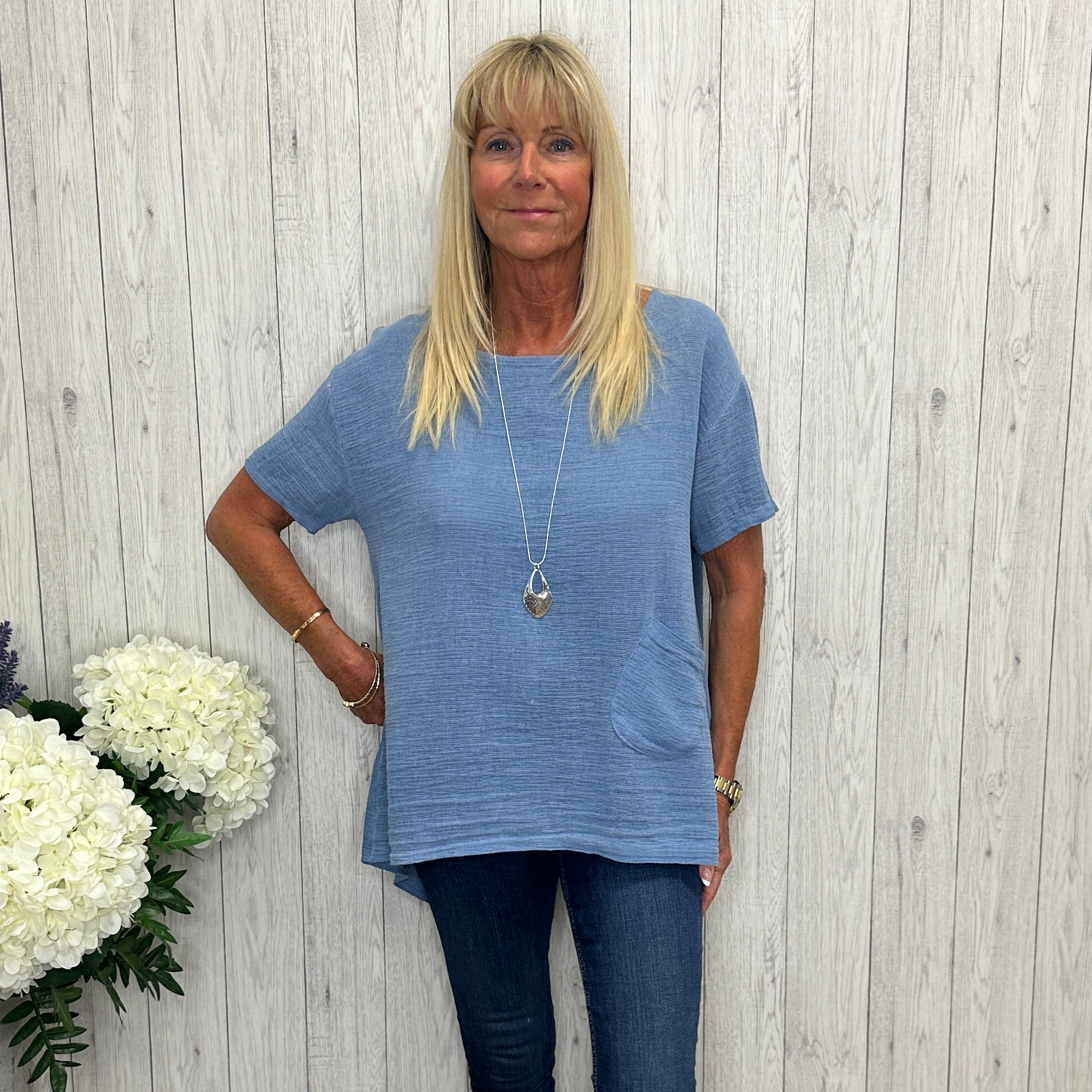 Made In Italy Tabitha Cotton Button Back Top Denim Blue – Sugarplum ...