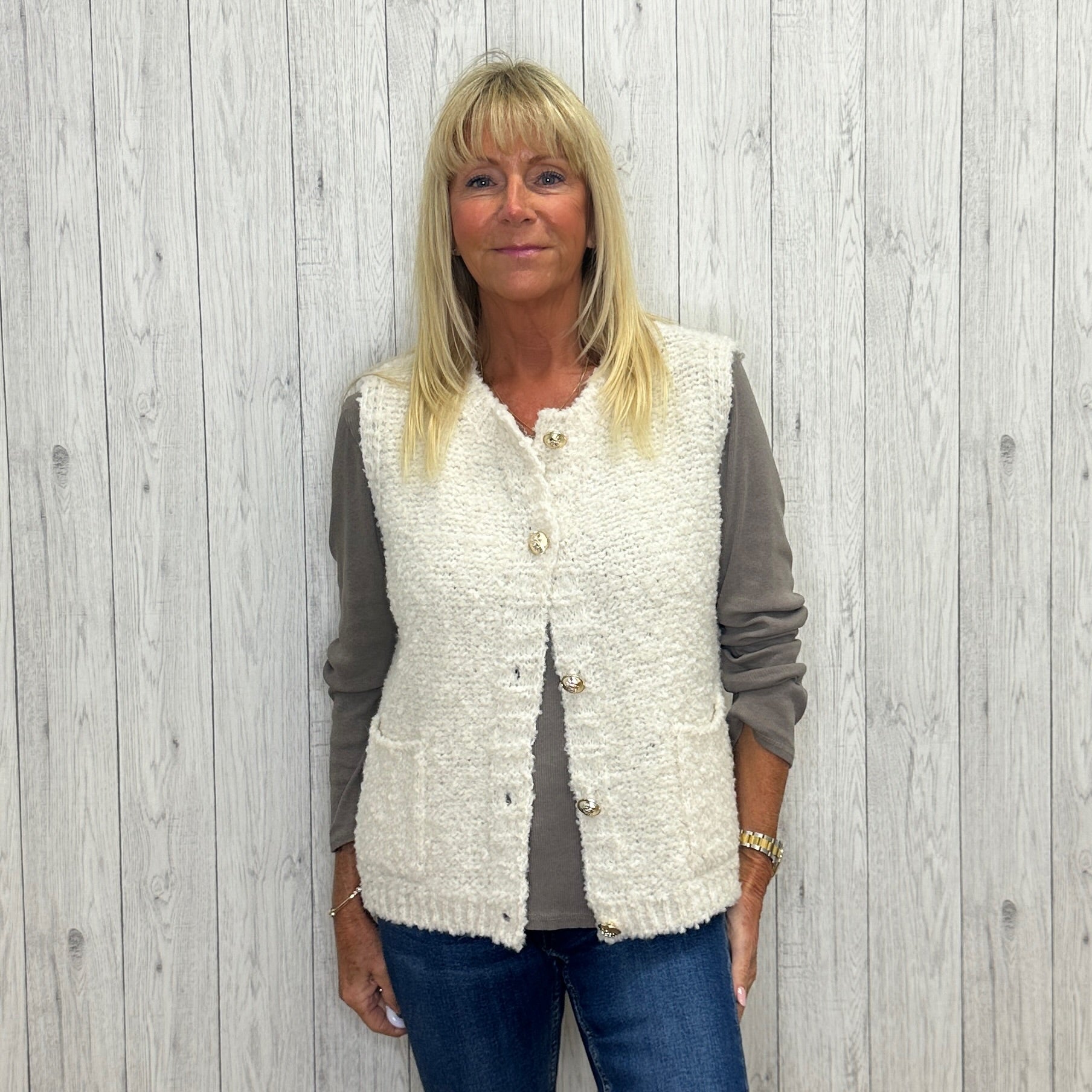 Marford Alpaca Wool Mix Gold Button Waistcoat Gilet Vanilla – Sugarplum ...