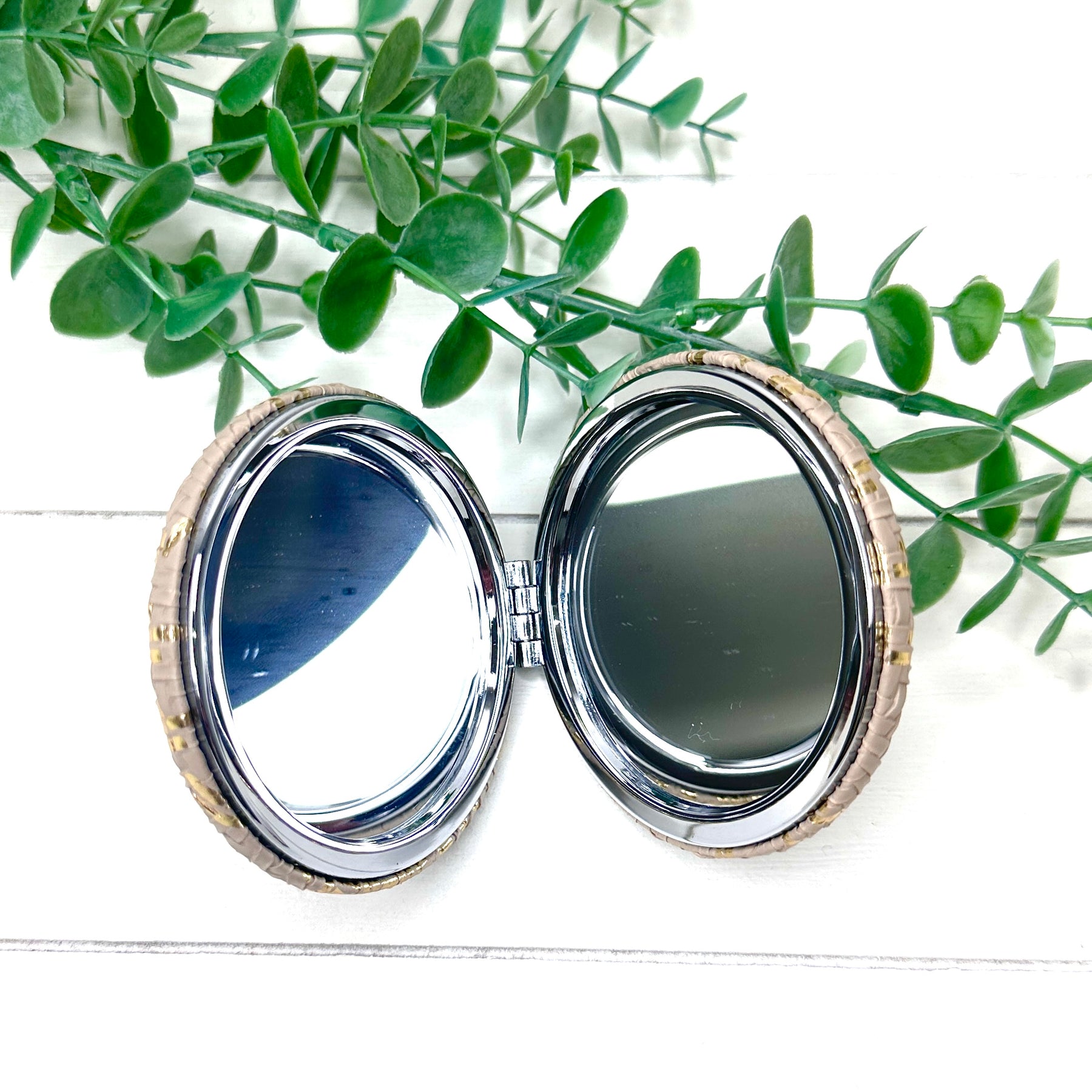 Raffia Round Compact Mirror Double Sided Magnifier Mocha Brown ...